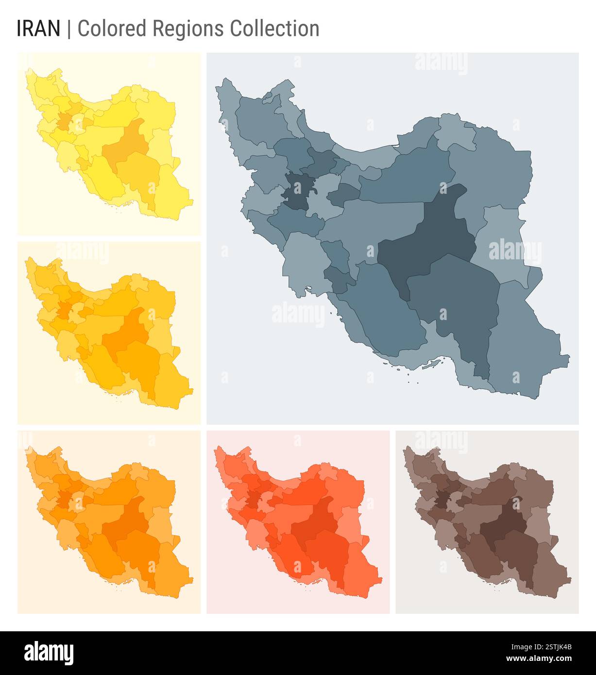 Iran map collection. Country shape with colored regions. Blue Grey ...