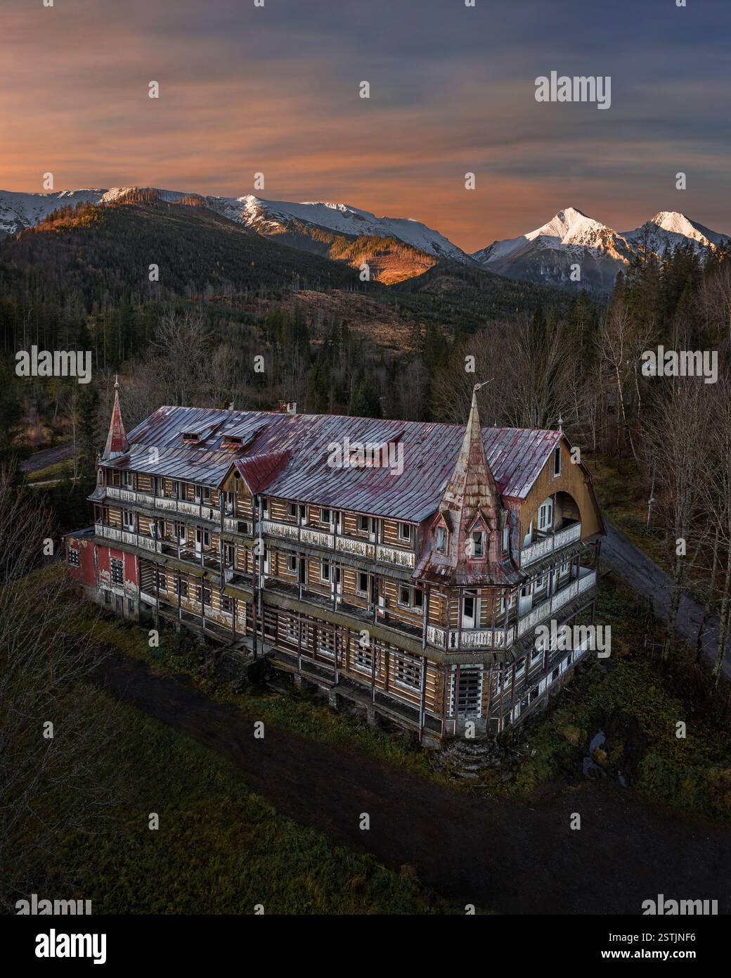 Zdiar, Slovakia - Aerial view of an abandoned wooden house in the High ...