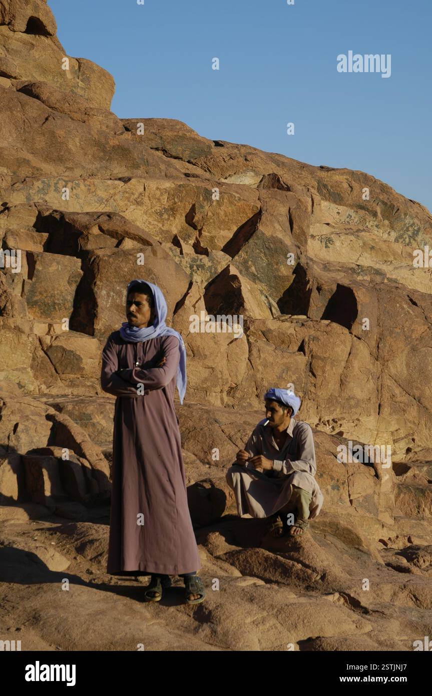 Bedouins from the Tiyaha tribe at the summit of Mount Sinai also known as Mount Horeb or Jebel ...