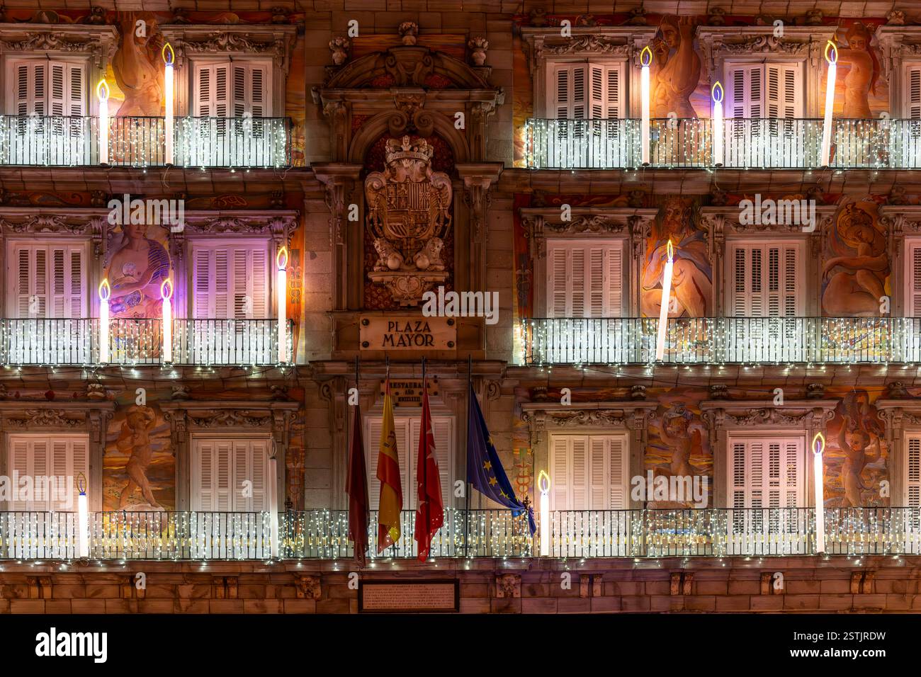 Decorated balconies at Christmas in the beautiful square Plaza Mayor in ...