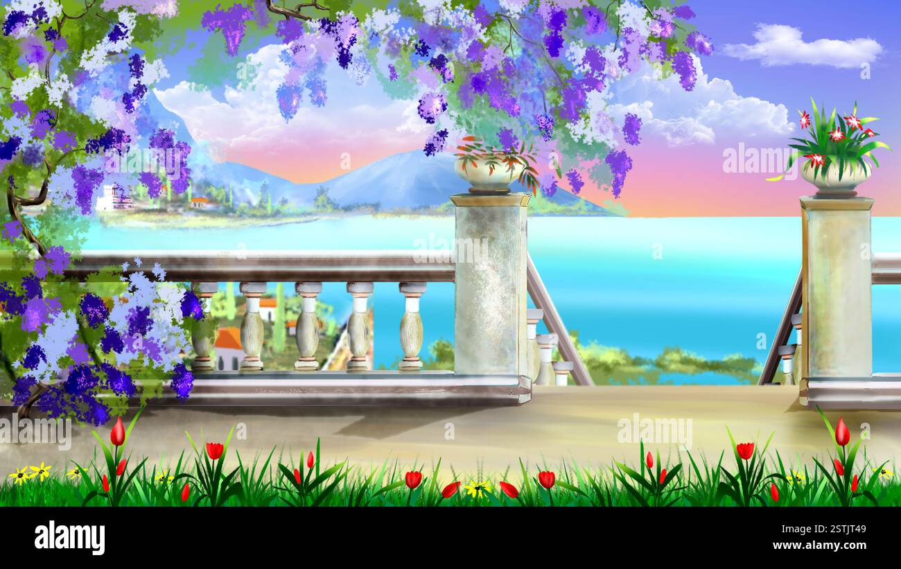 Descent to the sea from the park in a sunny day. Digital Painting ...