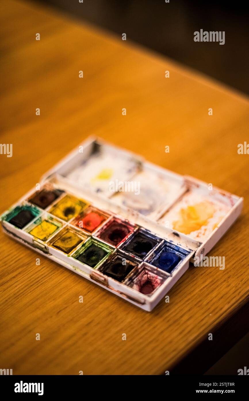 Watercolour box on desk Stock Photo - Alamy