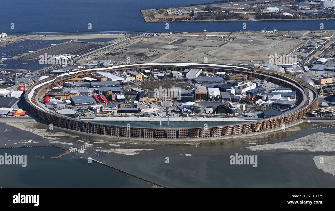 An aerial photo shows Yumeshima, the venue for Expo 2025 Osaka, Kansai ...