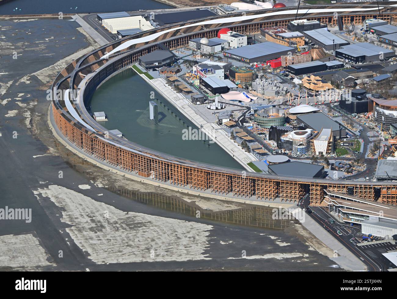 An aerial photo shows Yumeshima, the venue for Expo 2025 Osaka, Kansai ...