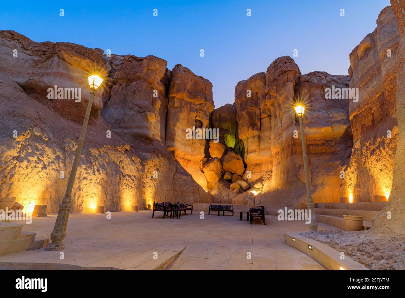 Warm lights illuminating the Jabal Al Qarah caves in Al Ahsa oasis, a ...