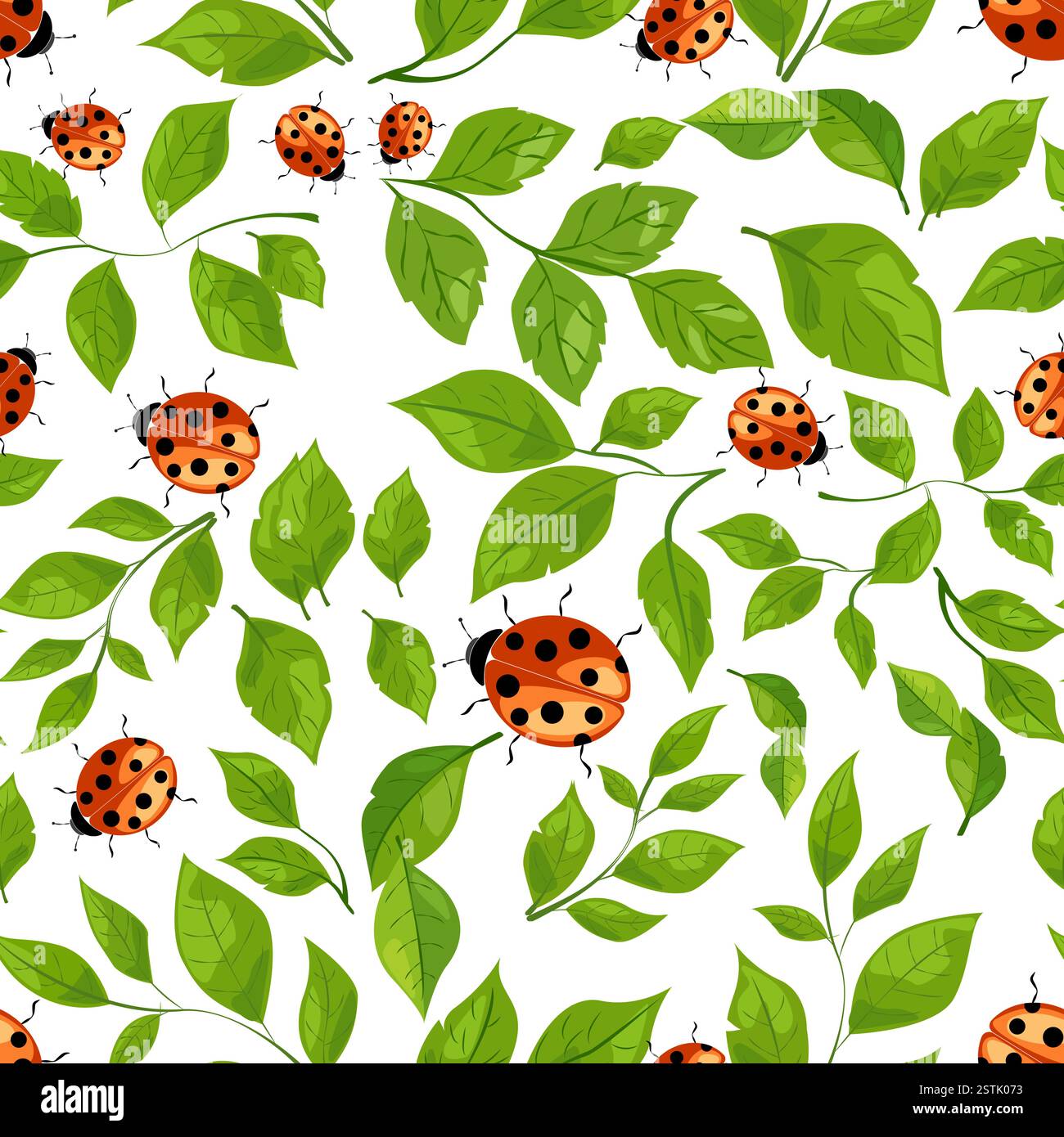 Colorful vector illustration featuring ladybugs among lush green leaves ...