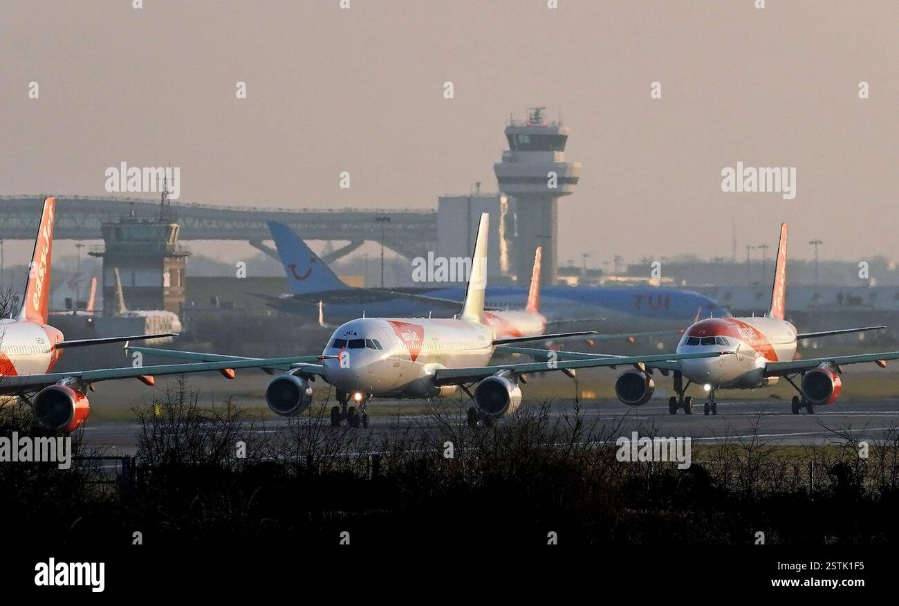 Planes queue to take off at London Gatwick Airport in Crawley, West Sussex. Gatwick wants to ...
