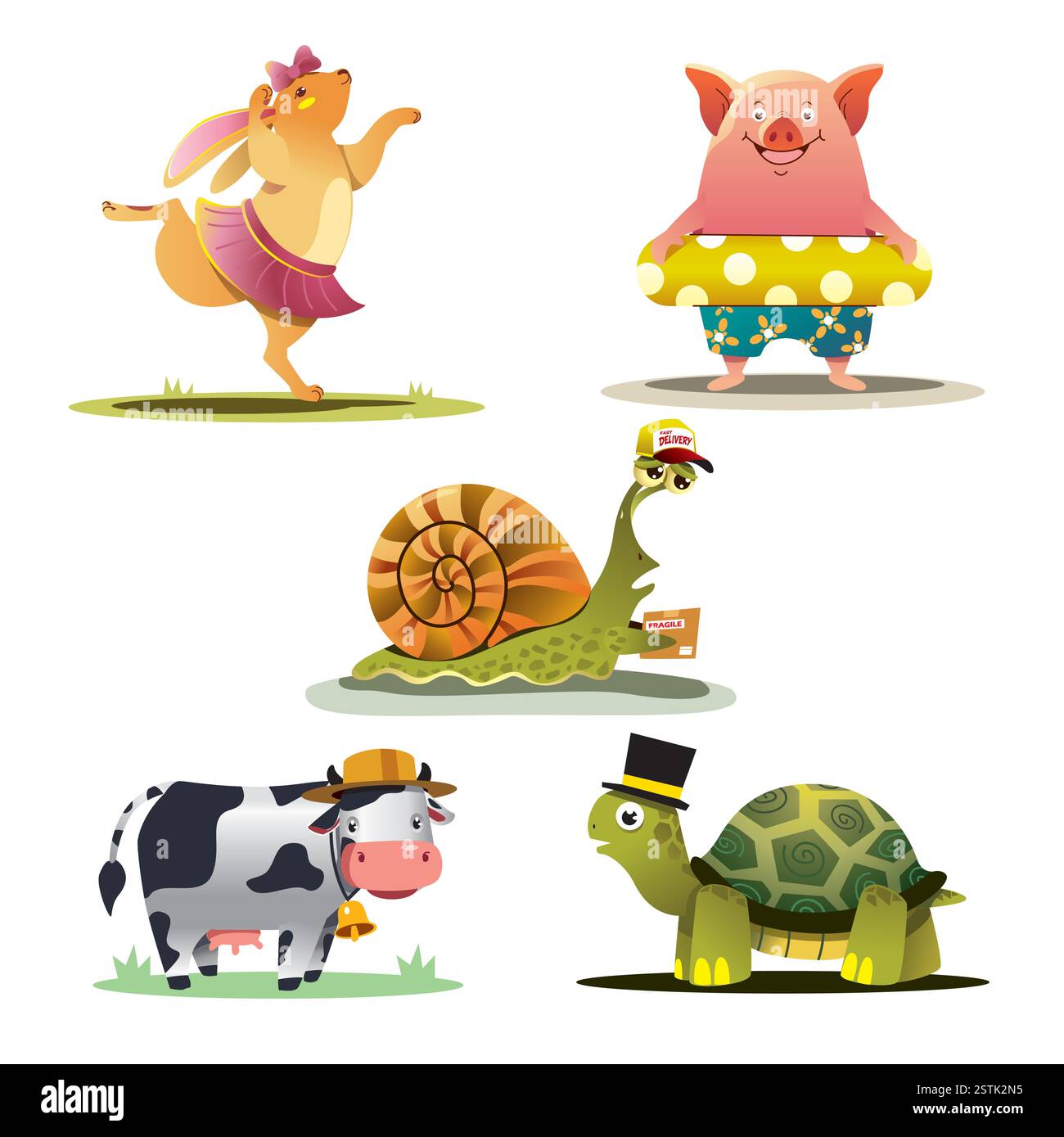 Bundling of animal cartoon illustrations for kids theme. Cow, pig ...