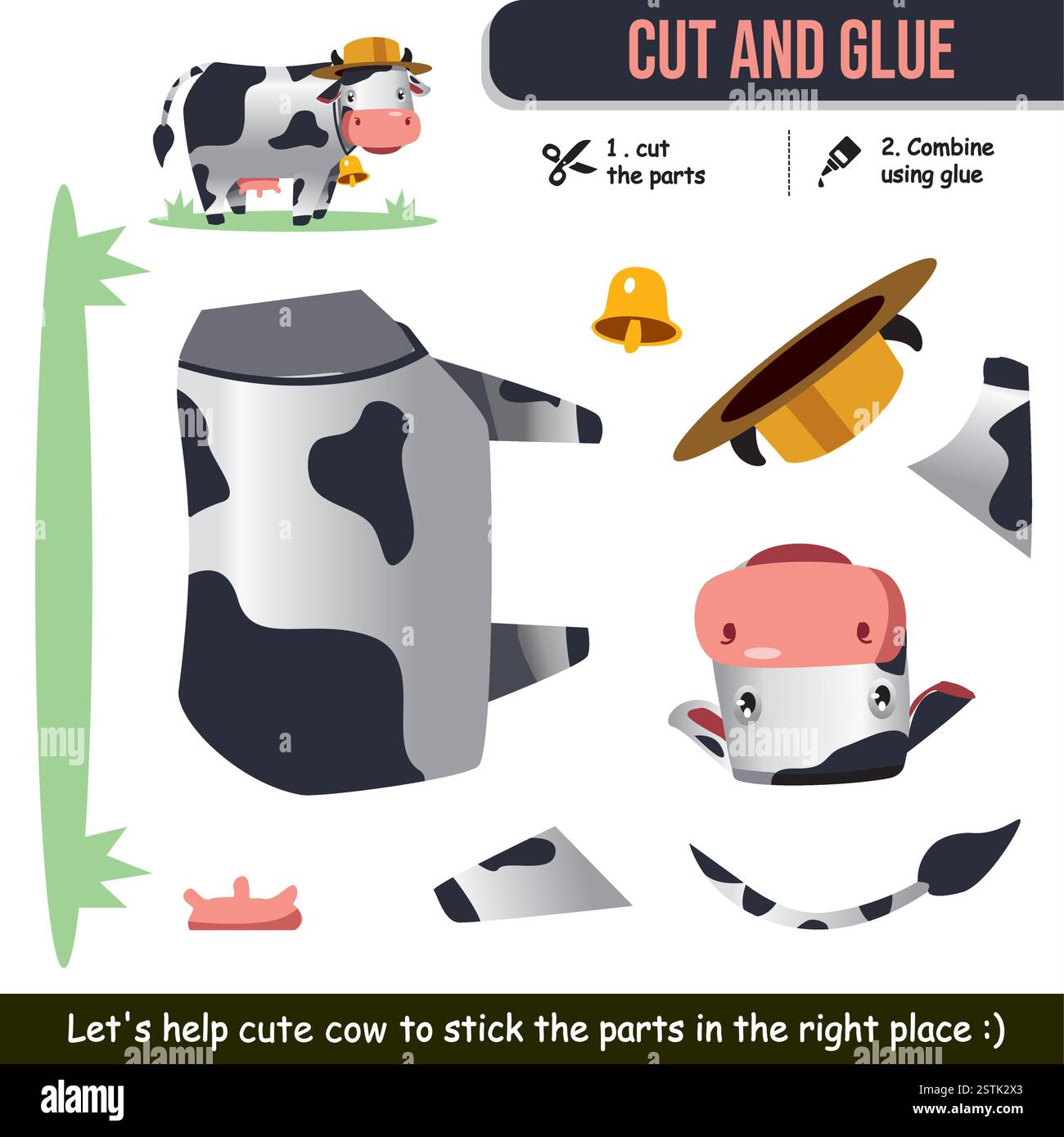 Cute animal cow cut and glue worksheet for kids. Fun educational ...