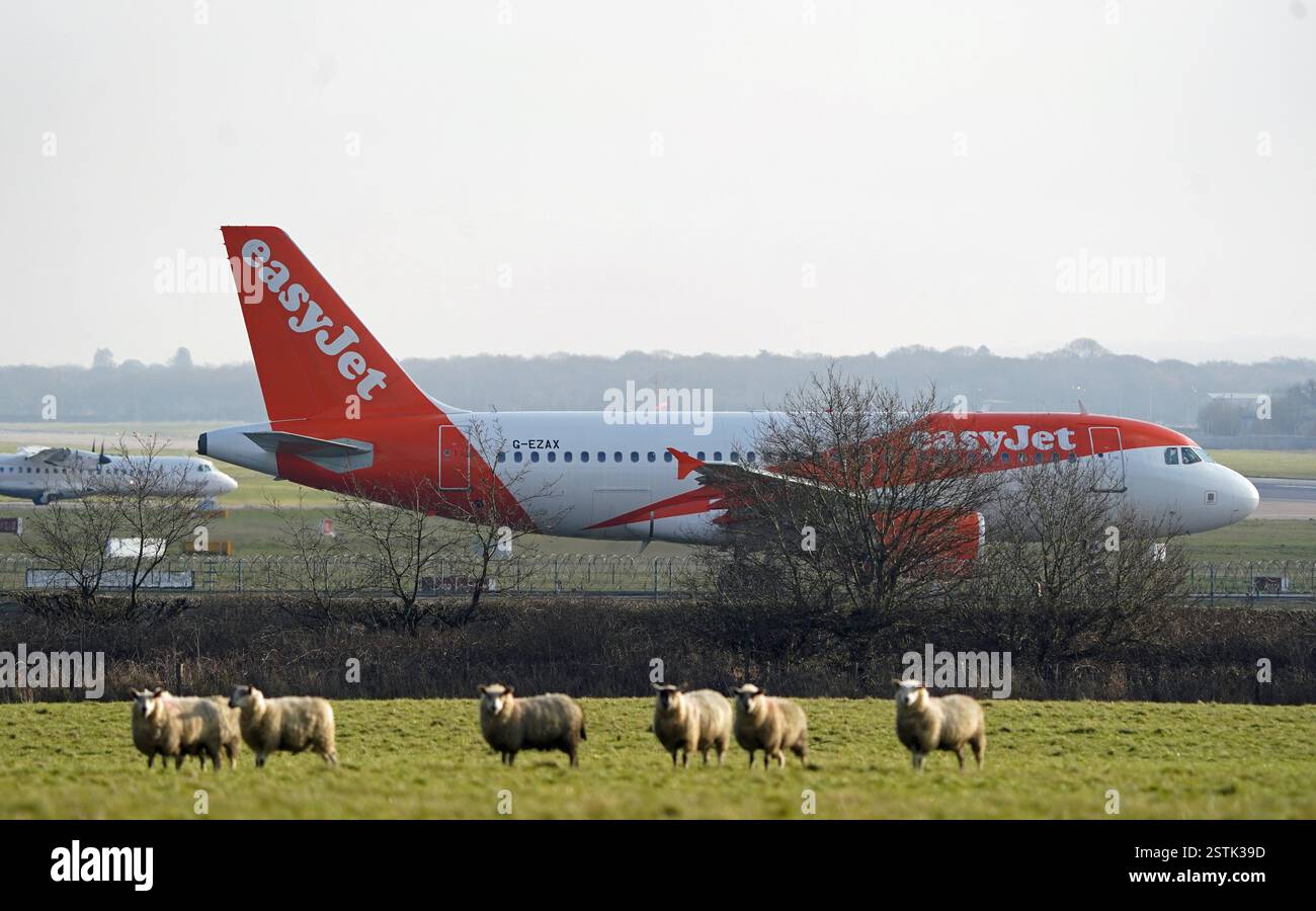 An EasyJet plane taxies before take off at London Gatwick Airport in ...