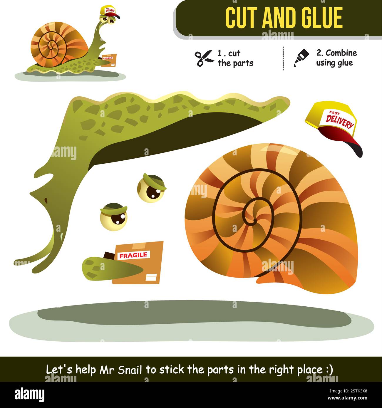 Cute cartoon animal snail cut and glue worksheet for kids. Fun and ...