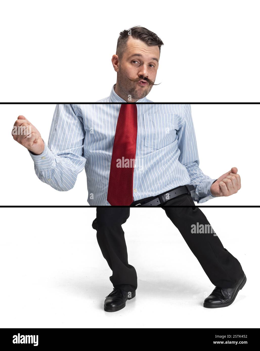 Collage. Businessman in a suit making dancing movements isolated over ...