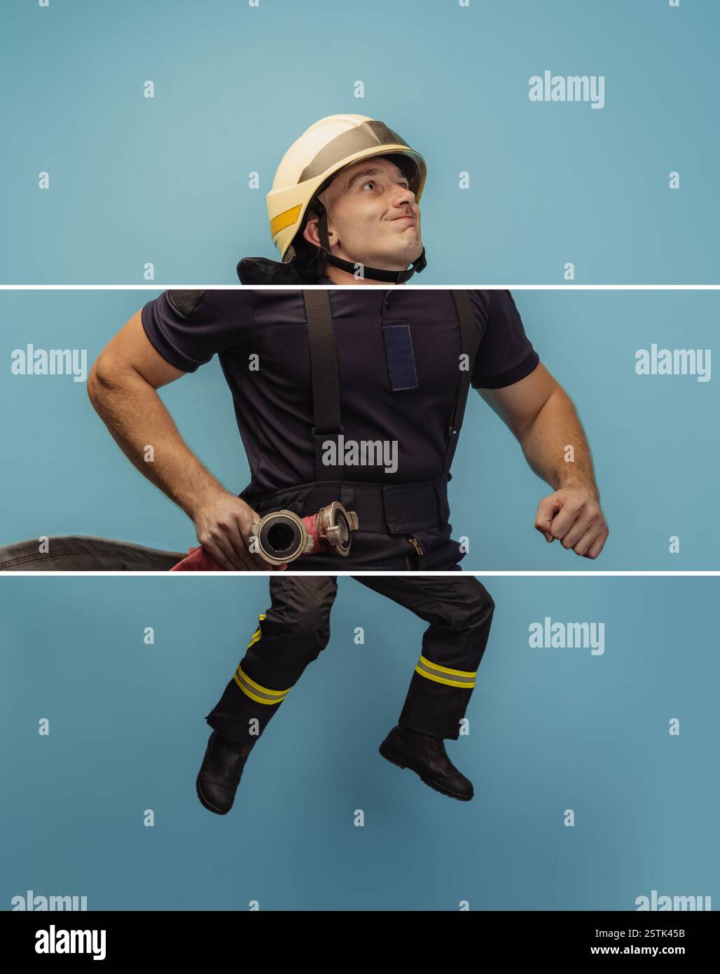 Collage of cropped body parts of firefighter in a jump isolated over ...