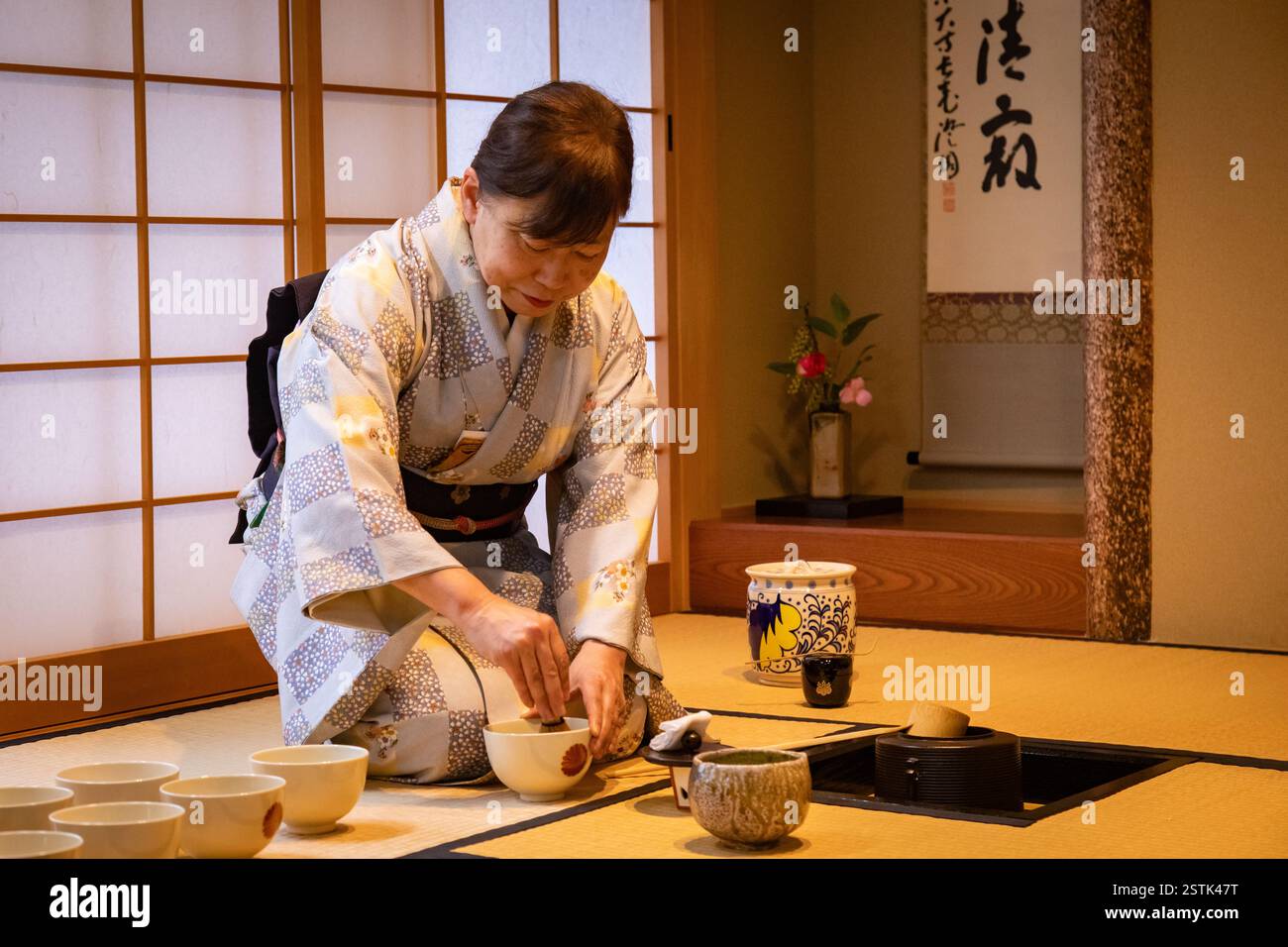 Nara, Kyoto, Japan, 1-04-2024: Traditional tea ceremony, three women in ...
