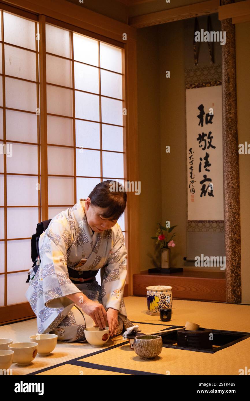 Nara, Kyoto, Japan, 1-04-2024: Traditional tea ceremony, three women in ...