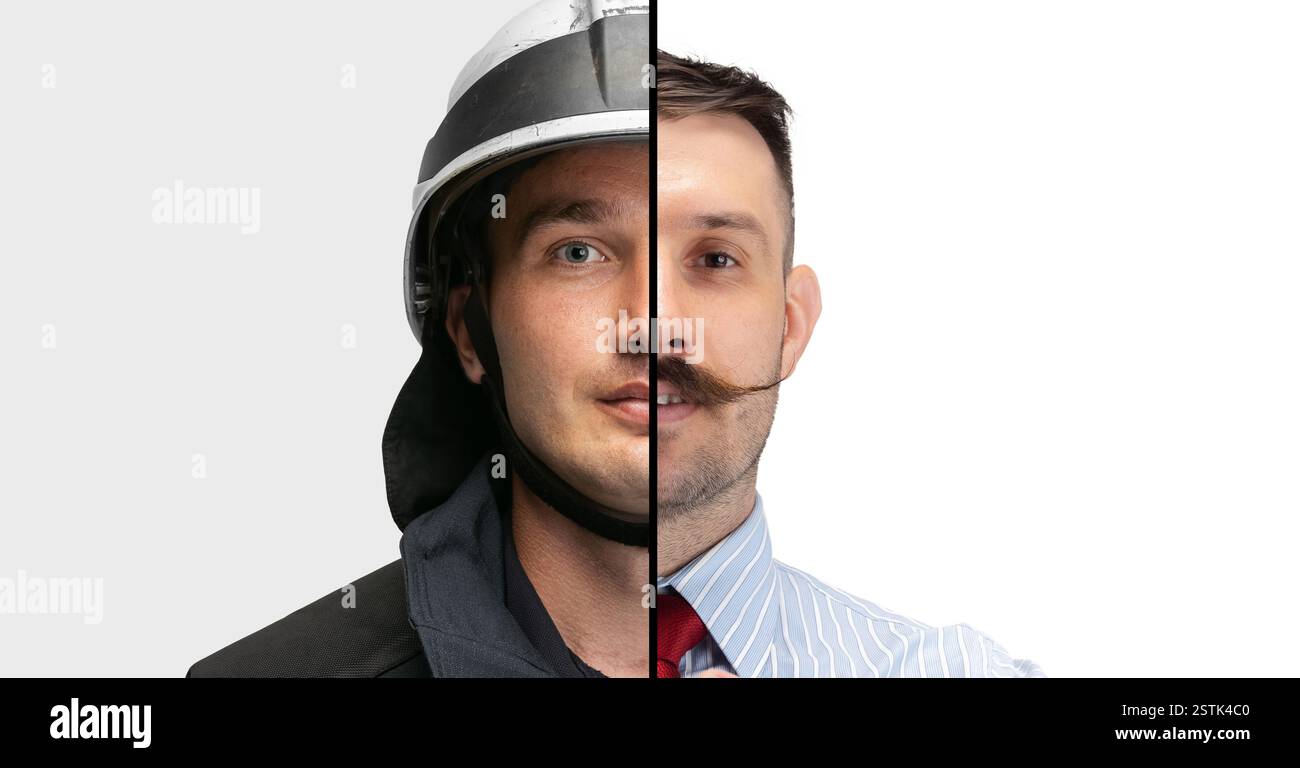 Collage. Half-faced portraits of men, businessman and firefighter ...