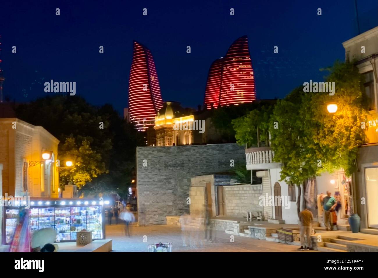 The Flame building in Baku raising its red flame to the deep blue sky ...