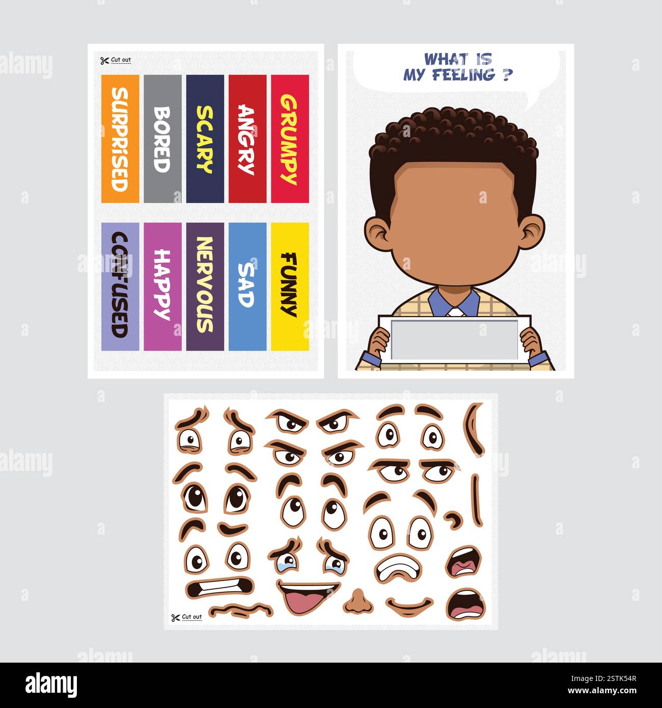Educational cartoon face expression game for children with cut and ...