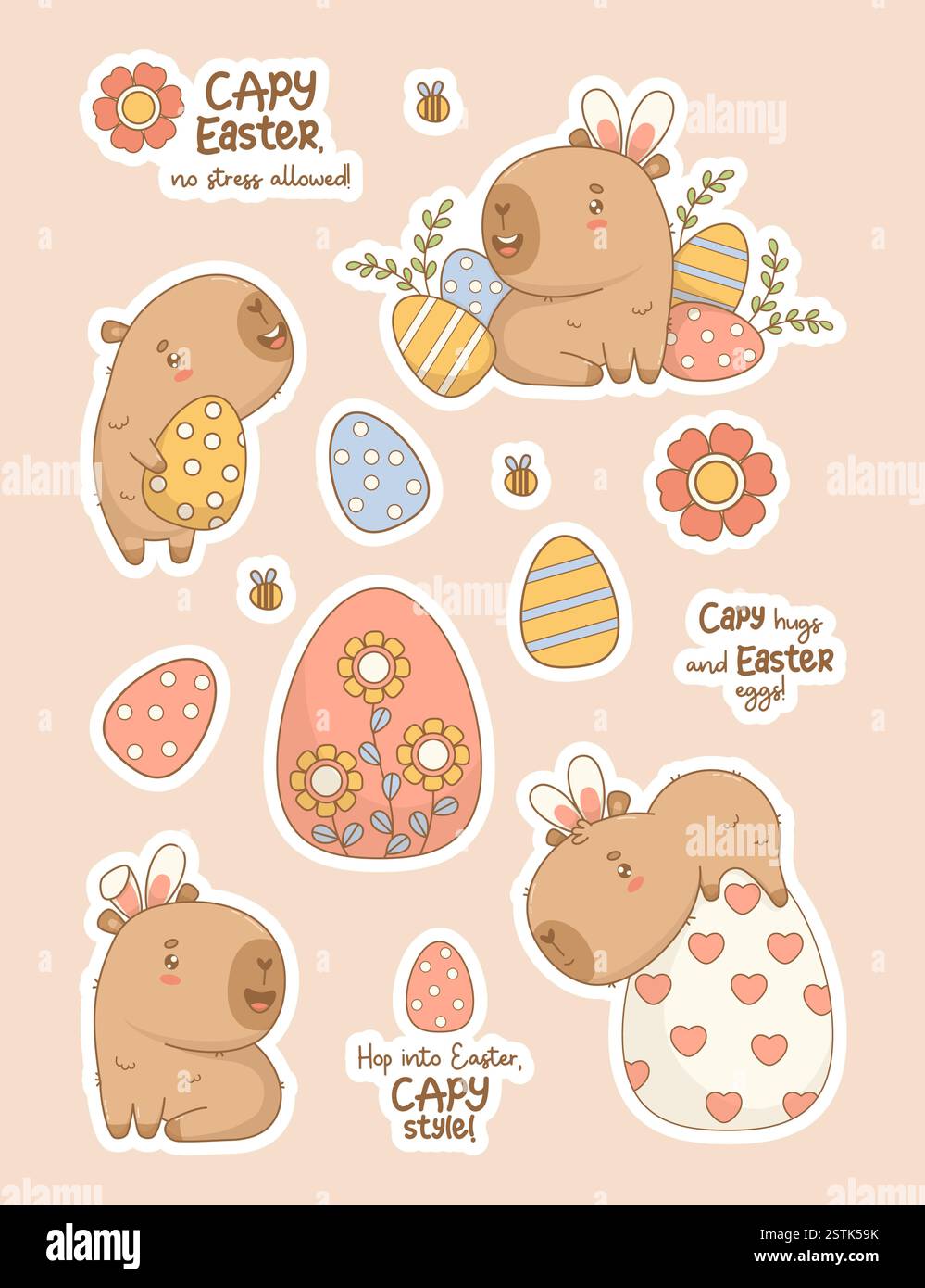 Cute Easter Capybara stickers collection. Happy cartoon kawaii animal ...