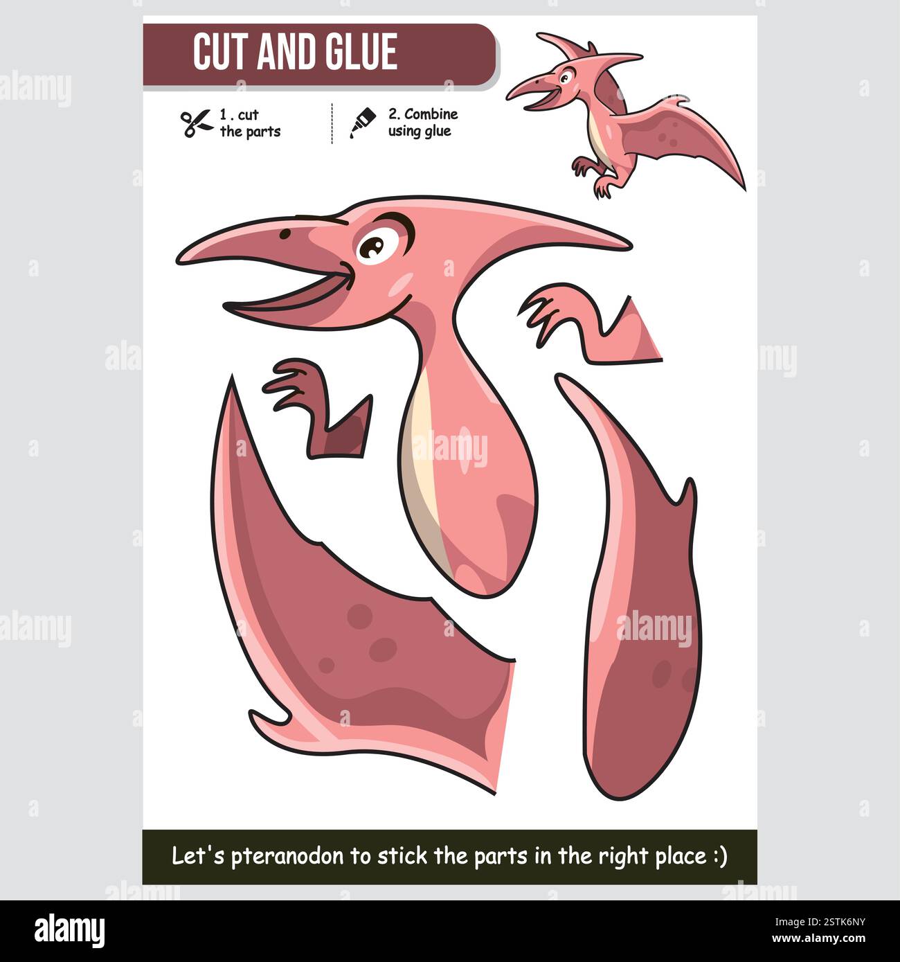 Cute cartoon animal pteranodon cut and glue worksheet for kids. Fun and ...