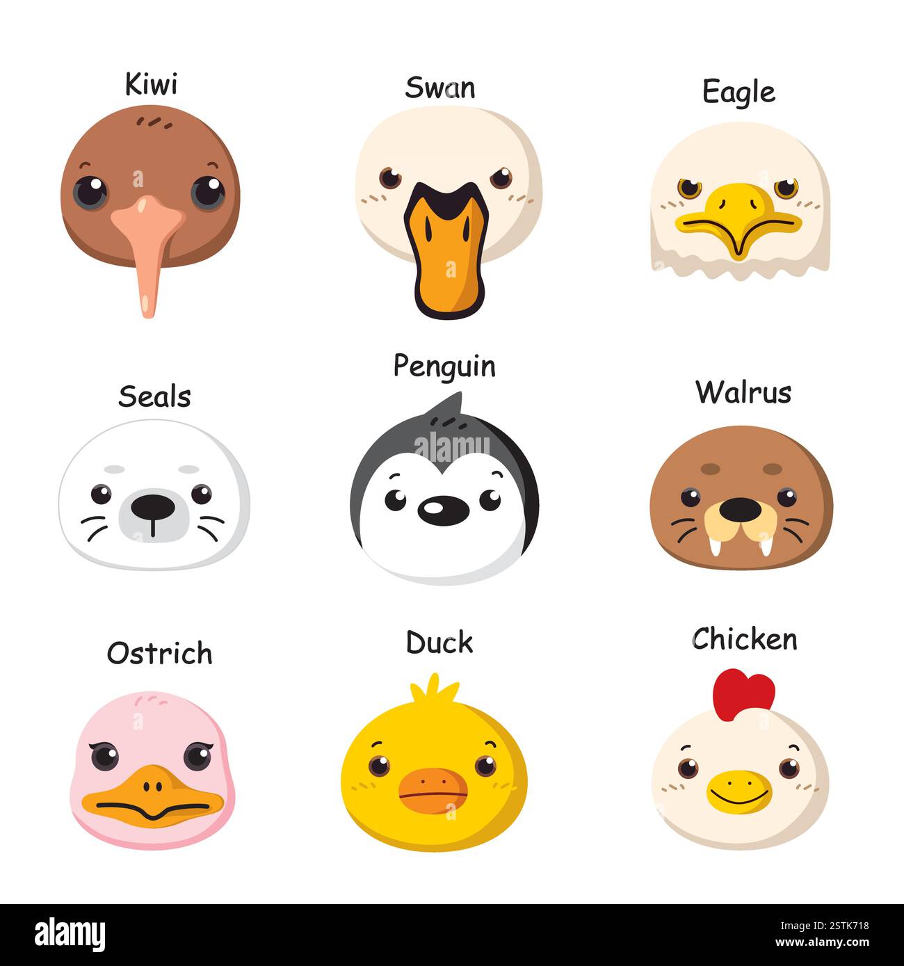 Cute animal head illustration icon set bundle. Adorable cartoon ...