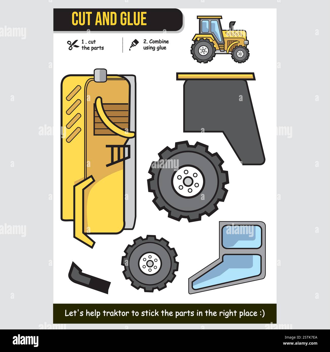 Cartoon illustration of tractor cut and glue worksheet for kids. Fun ...