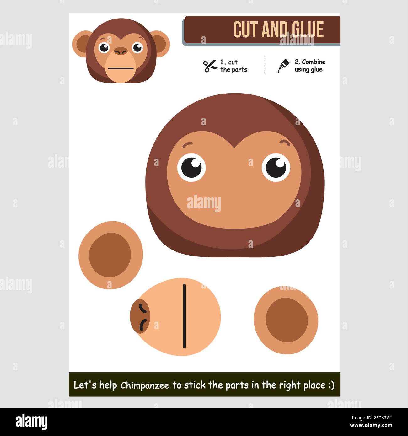 Cartoon vector illustration of a chimpanzee cutout and gluing activity ...