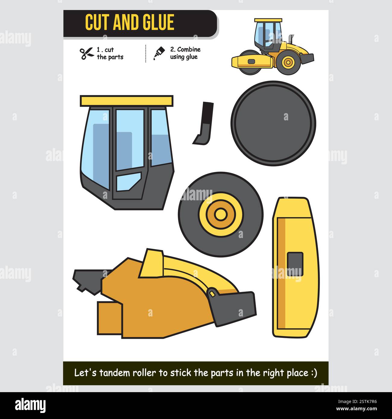Cartoon illustration of tandem roller cut and glue worksheet for kids ...