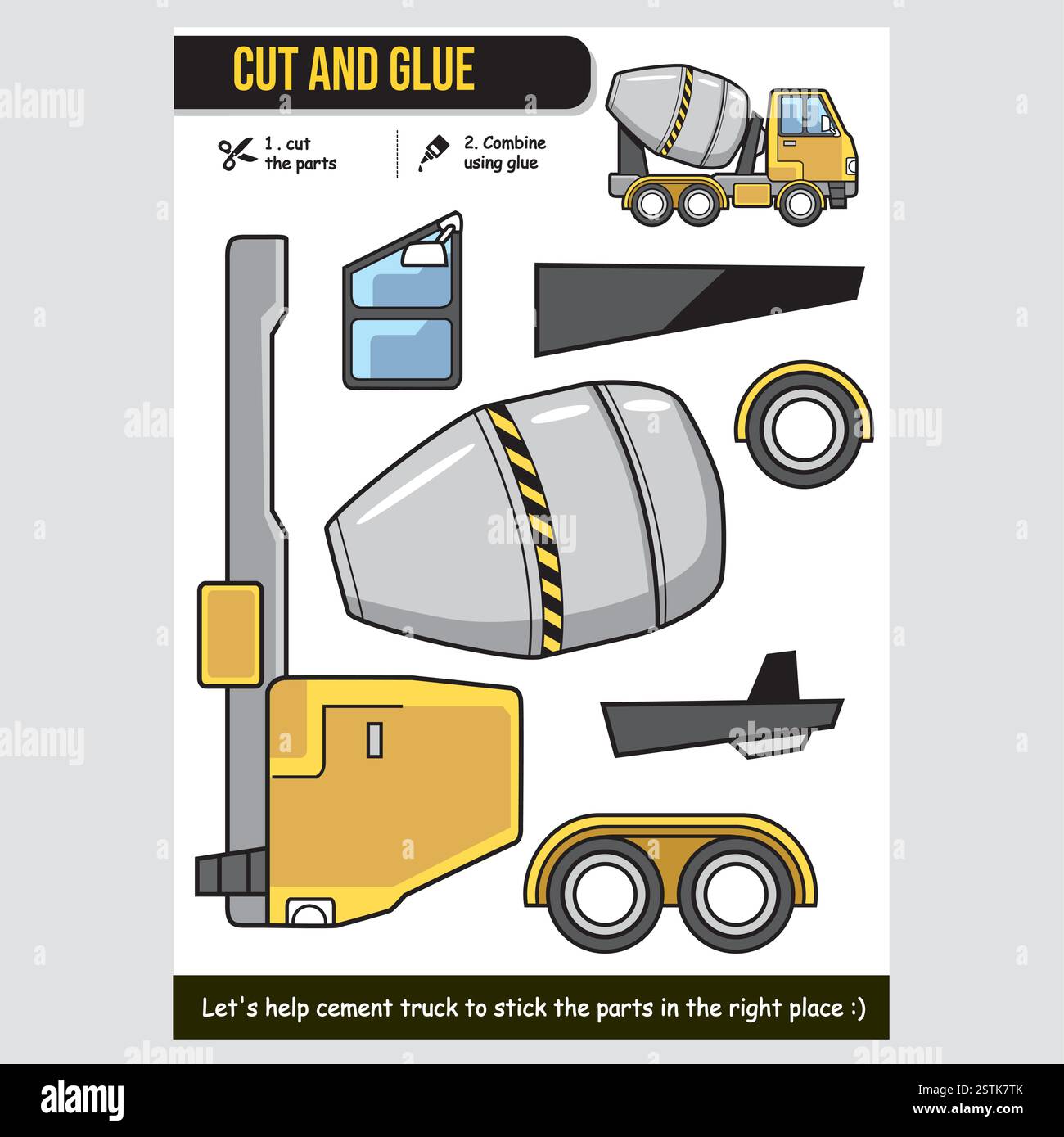 Cartoon illustration of cement truck cut and glue worksheet for kids ...