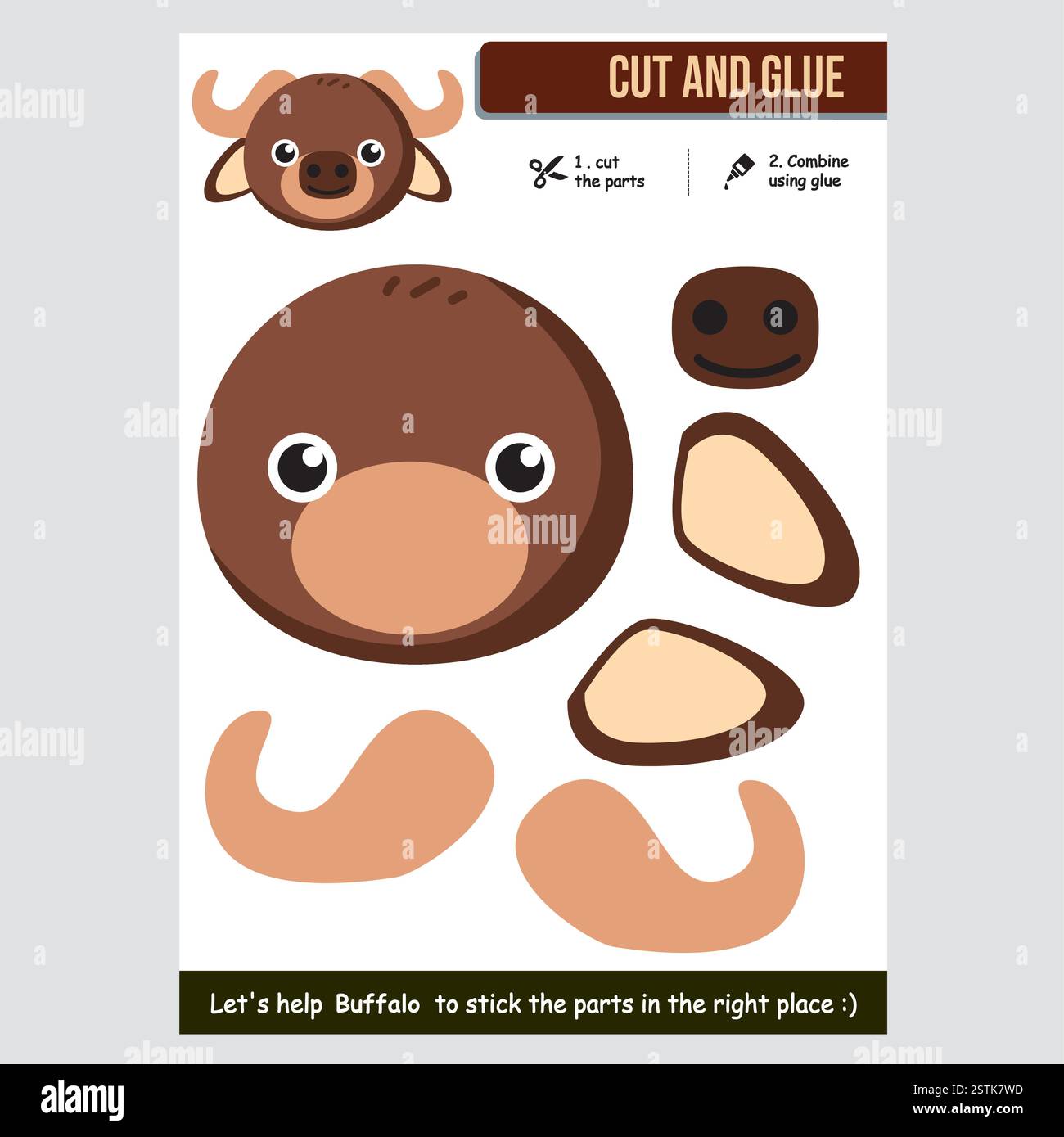 Cartoon buffalo cutout and gluing activity for kids. Fun educational ...
