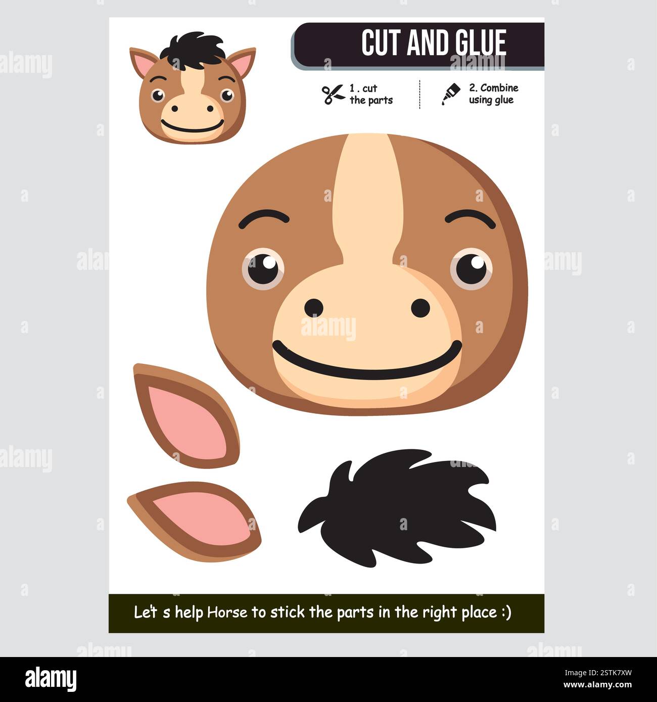 Horse cutout and gluing educational worksheet for kids. Fun learning ...