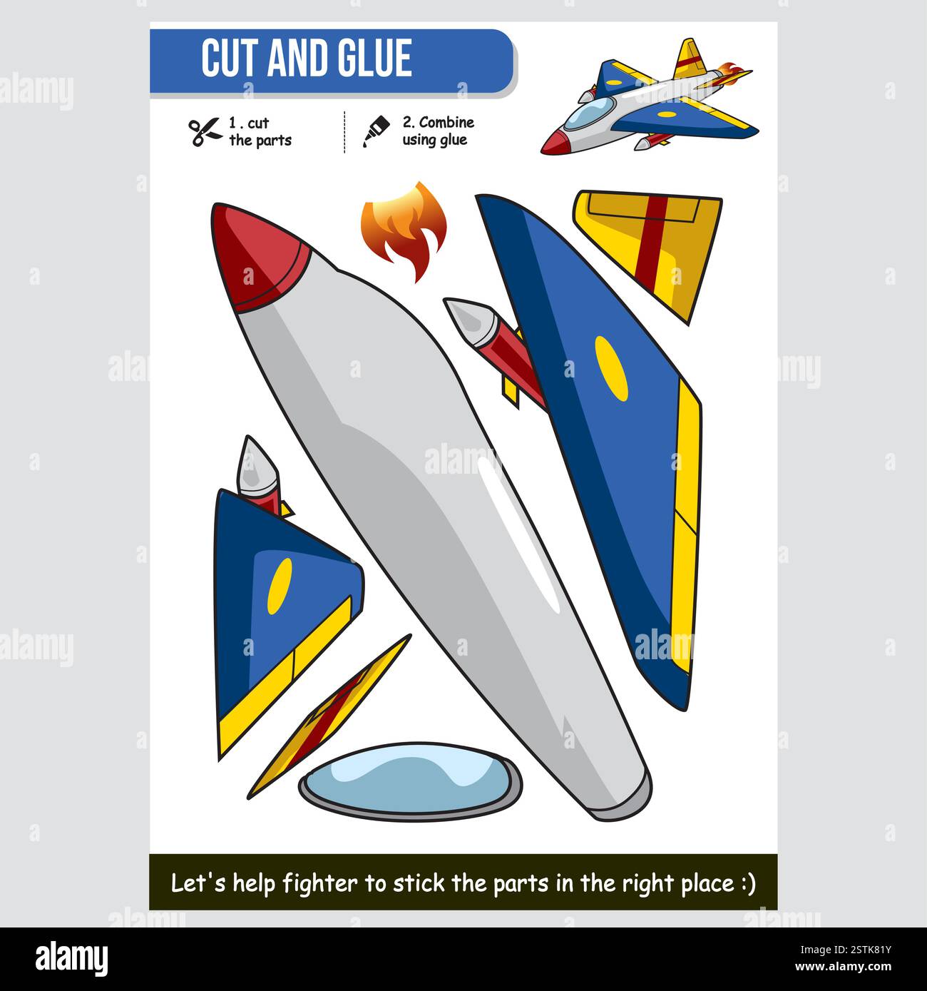 Cartoon fighter plane cut and glue activity for kids educational ...