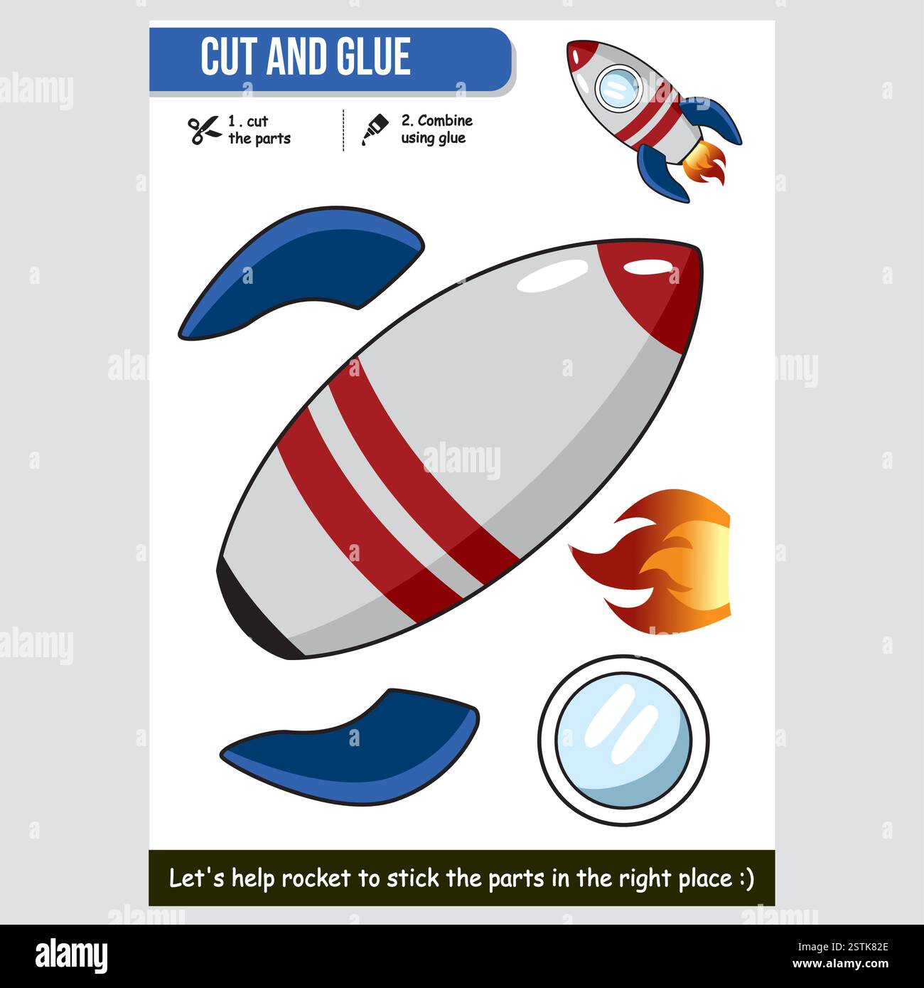 Cartoon rocket cut and glue activity for kids educational worksheet ...