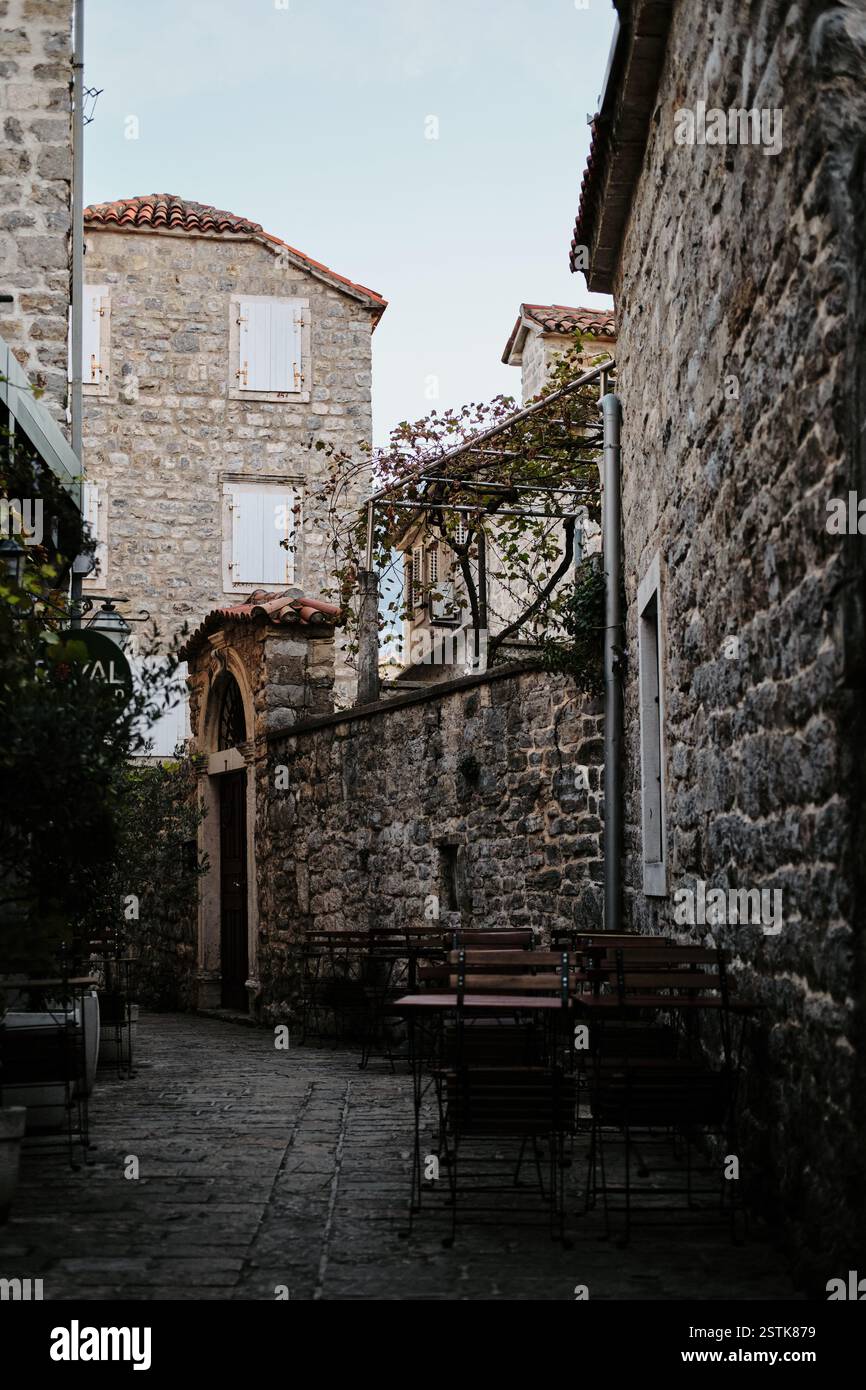Quiet alleyway in a historic European town, lined with rustic stone ...