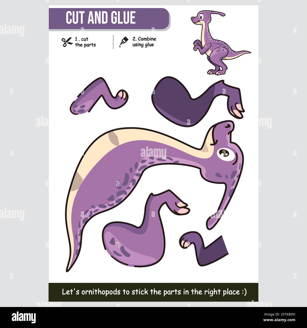 Cute cartoon animal ornithopods cut and glue worksheet for kids. Fun ...