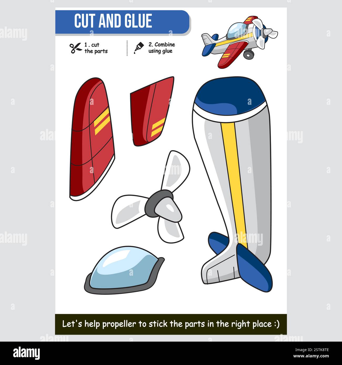 Cartoon propeller plane cut and glue activity for kids educational ...