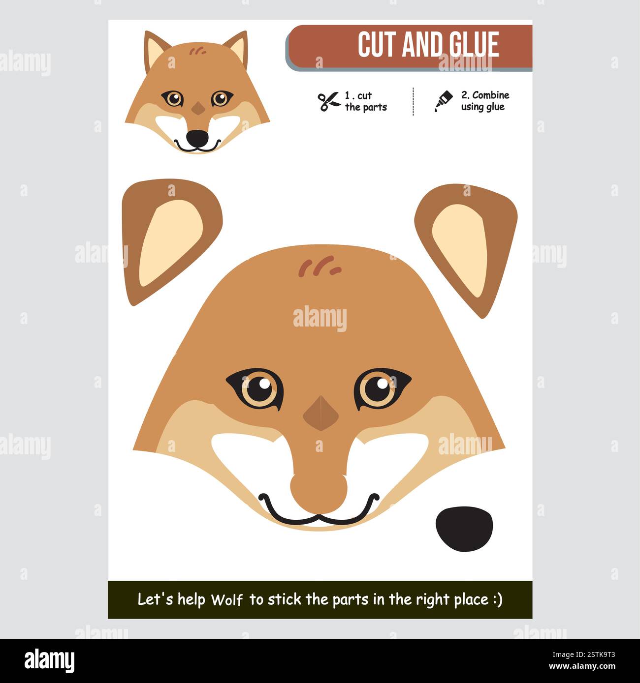 Cartoon wolf cutout and gluing activity for kids. Educational DIY craft ...