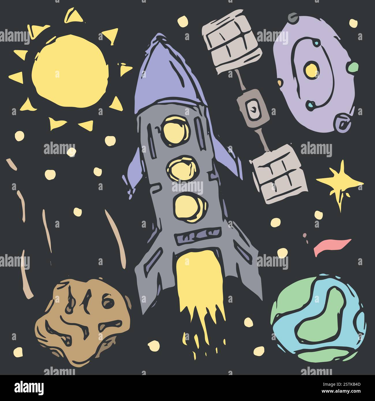 Space vector icons. Space sketch. Drawn Cosmos background. Doodle vector space illustration with ...