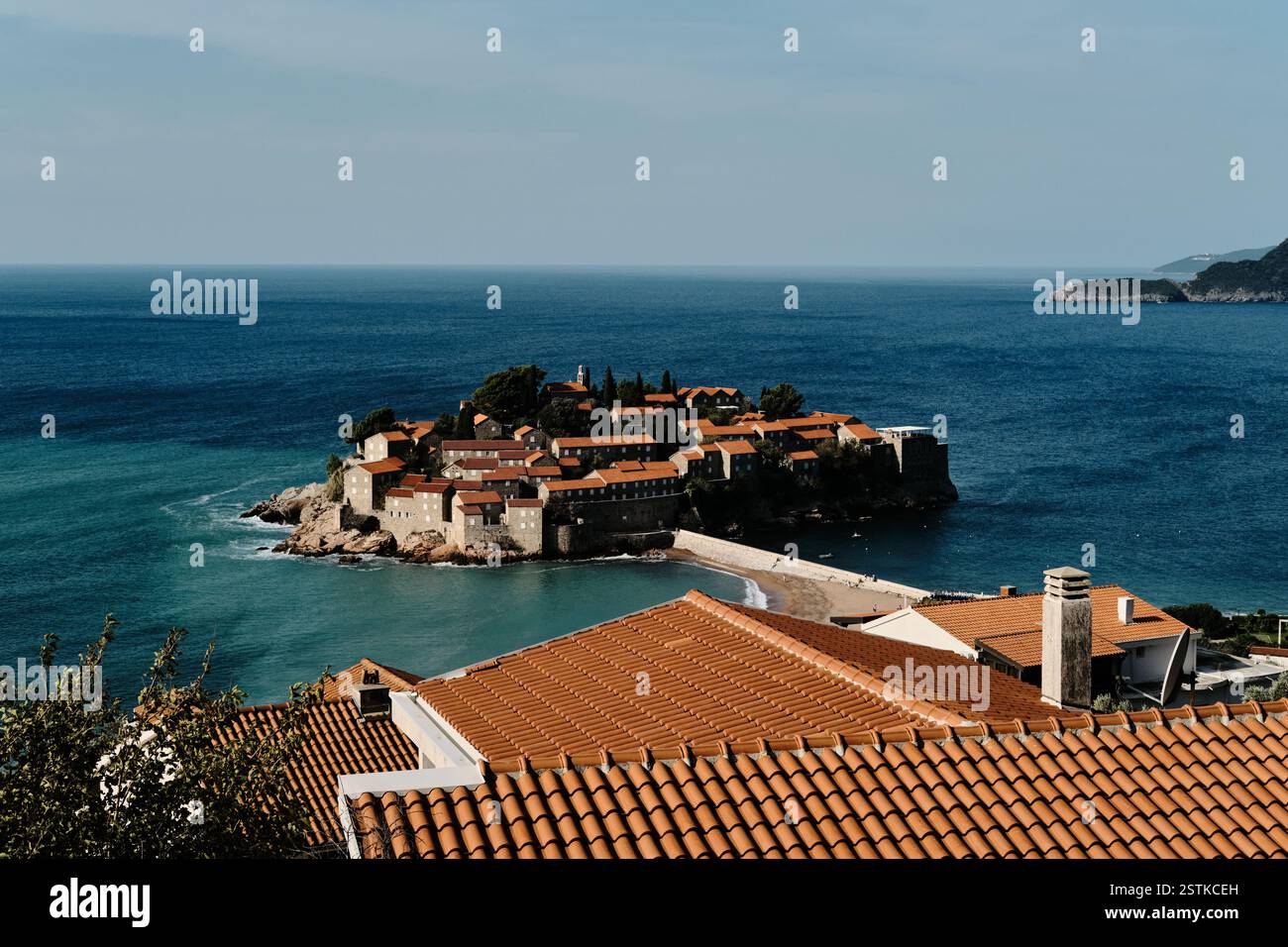 Sveti Stefan island in Budva town, Montenegro country. Houses with ...