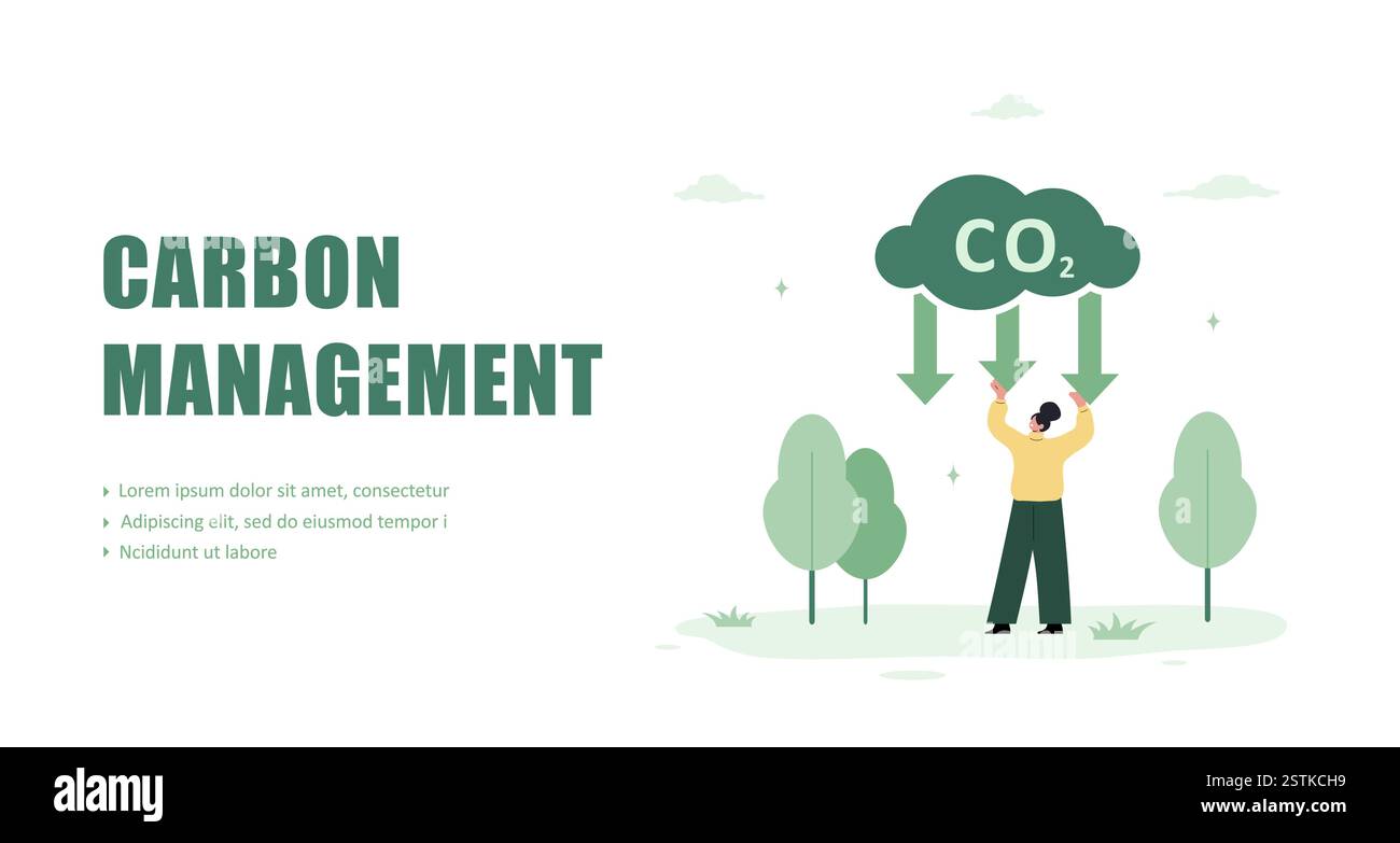 Carbon management. CO2 neutral. Net zero emissions and carbon dioxide balance. Climate change ...