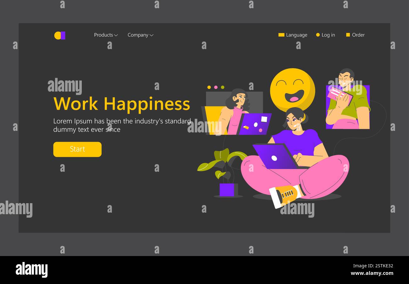Work happiness illustration. A digital workspace emphasizing joy ...