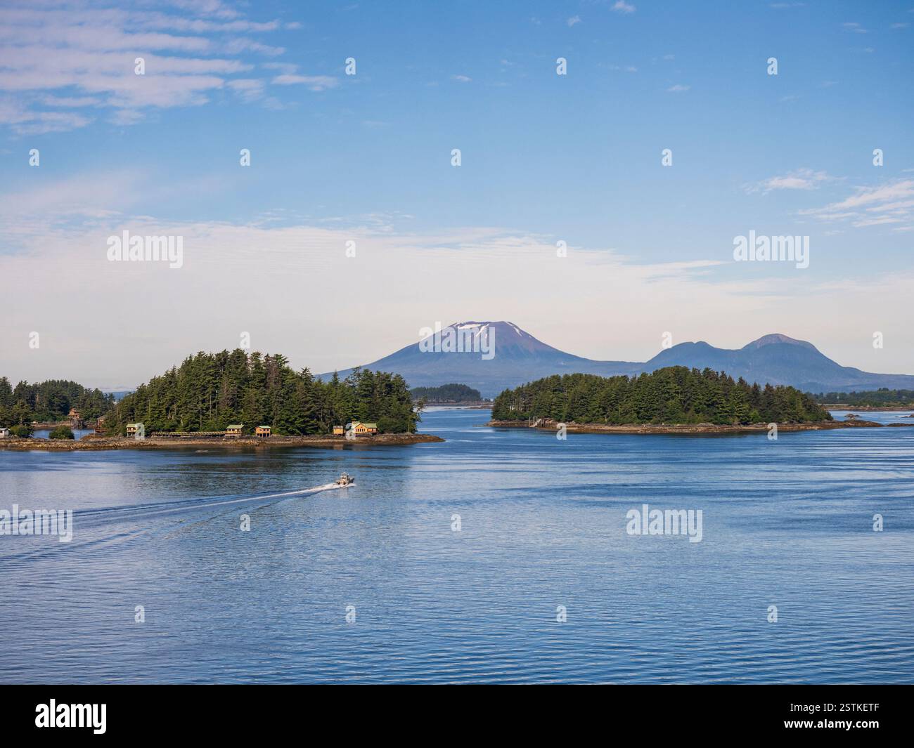 Boat on water with Mount Edgecumbe in background Stock Photo - Alamy
