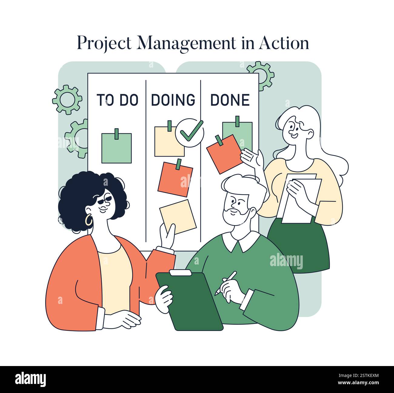 Project Management in Action concept. This illustration captures a dynamic office scene with ...