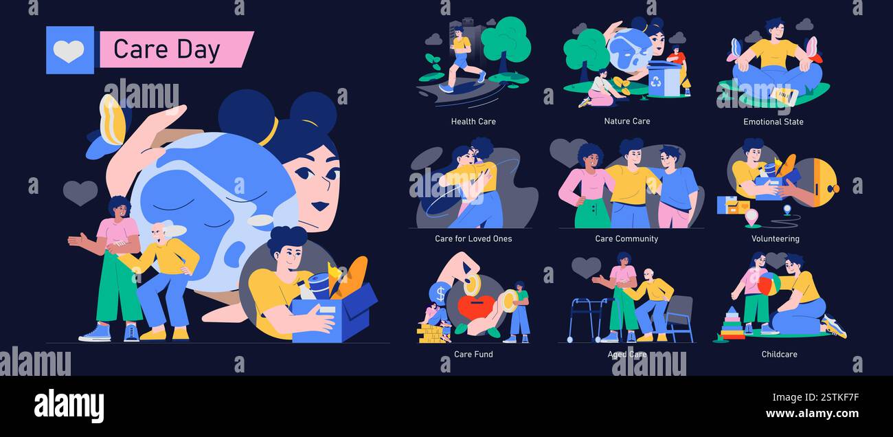 Care Day concept. Illustration of diverse caregiving activities for ...