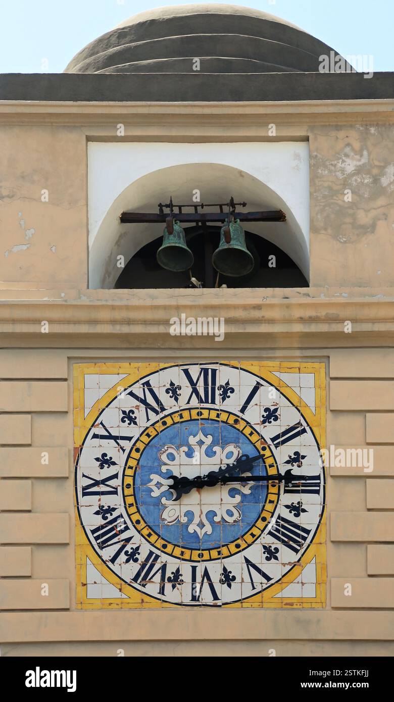 Ceramic Tiles Clock Dial and Bells at Tower in Capri Stock Photo - Alamy