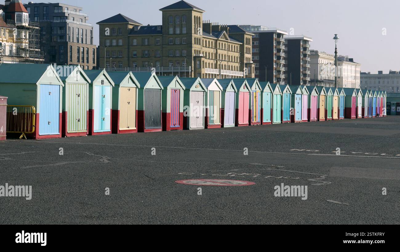Coloured beach huts on the Brighton and Hove sea front in February 2025 ...