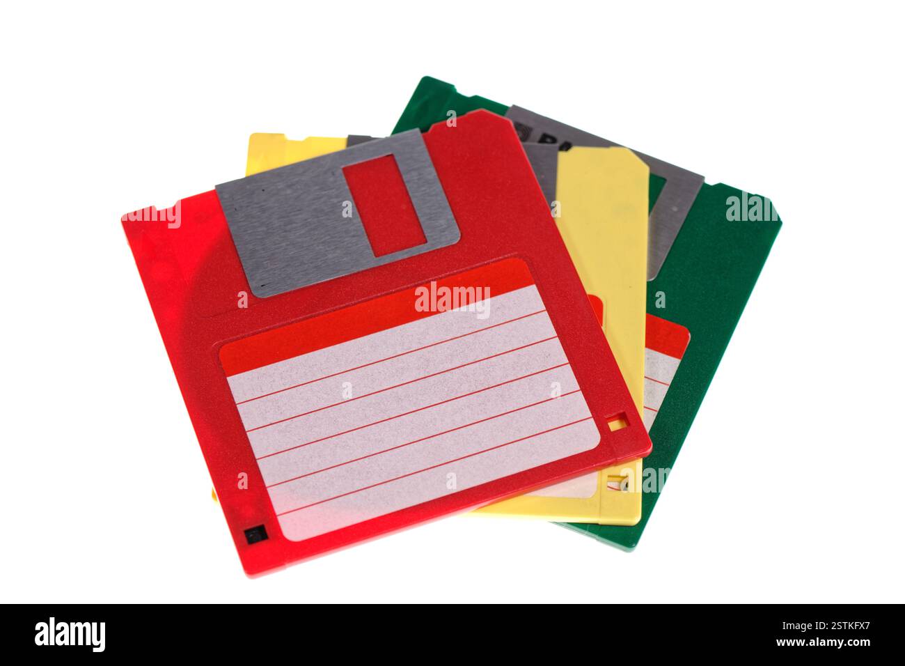 A stack of vintage computer colored floppy disks Isolated on white. Old ...