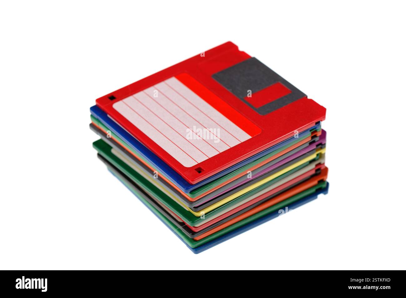 A stack of vintage computer colored floppy disks Isolated on white. Old ...