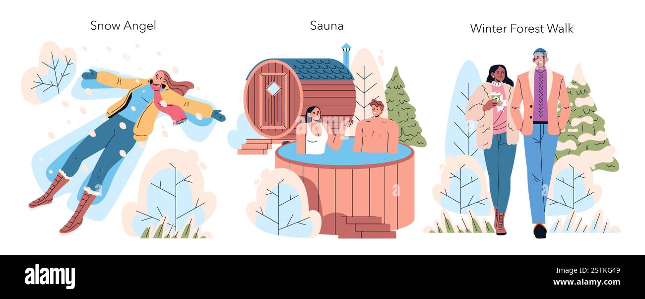 Winter vacation activities featuring a snow angel, sauna relaxation ...