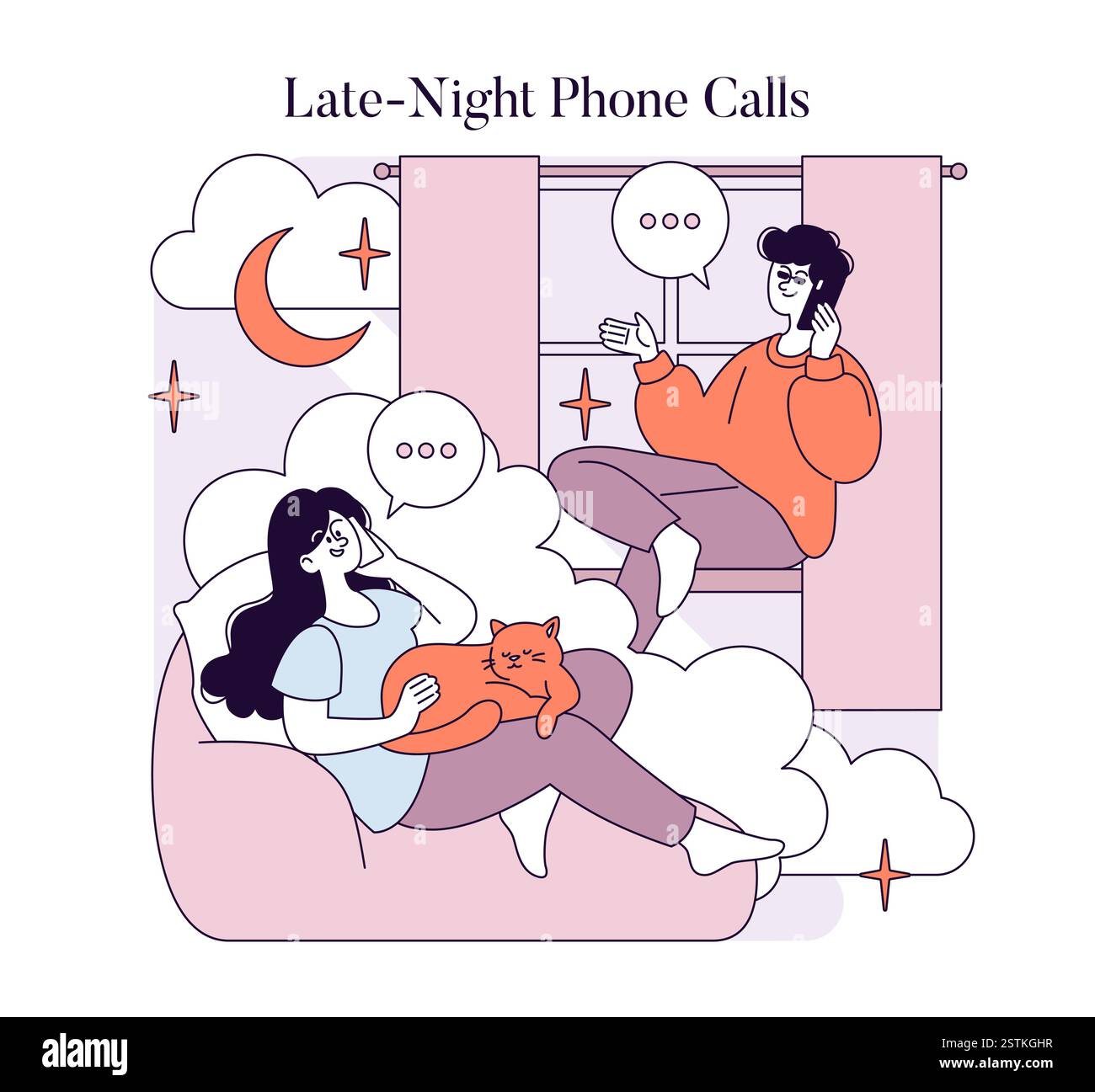 First Love illustration. Late-night conversations filled with warmth and connection. Two ...